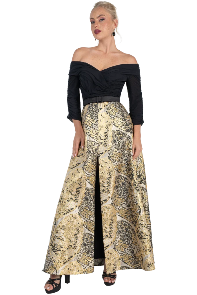 Vestido Gala Brocado Dorado Off Shoulder | Massima Moda